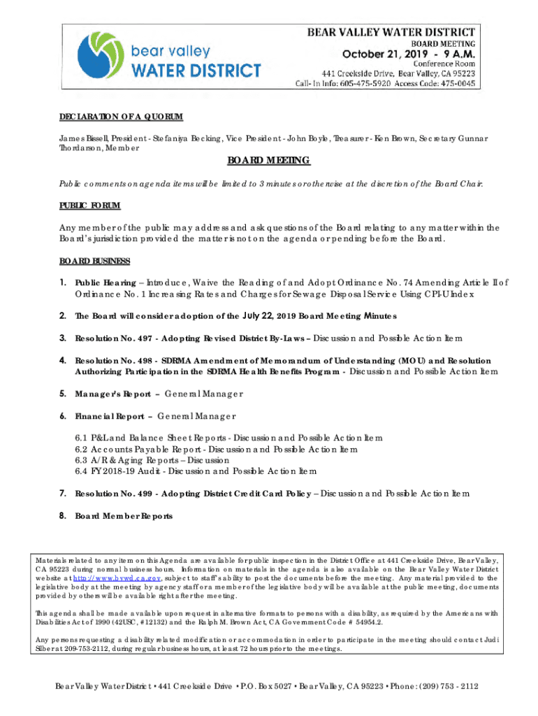 Fillable Online Board Packet - Bear Valley Water District Fax Email ...