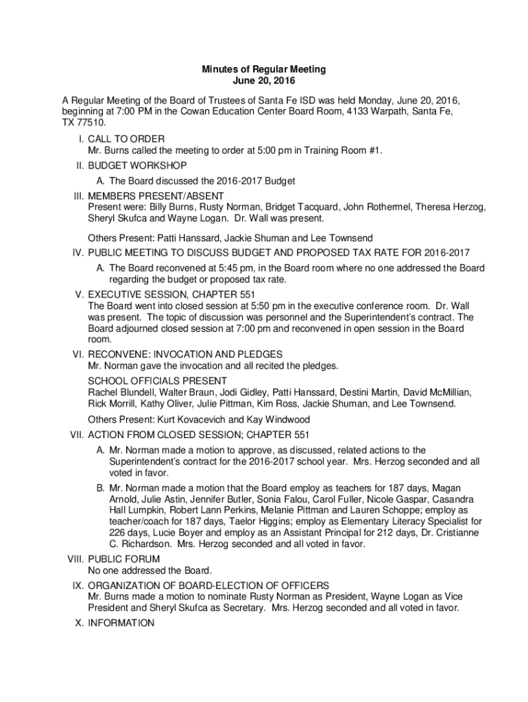 Fillable Online Present were: Billy Burns, Rusty Norman, Bridget ...