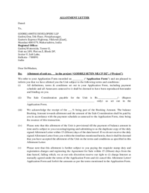 Fillable Online ALLOTMENT LETTER Dated: To, AMITIS Developers LLP ...