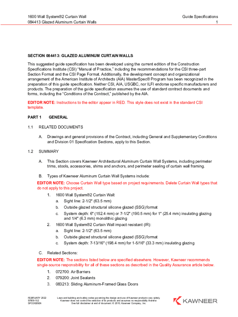 Fillable Online 1600 Wall System2 Curtain Wall Guide Specifications ...