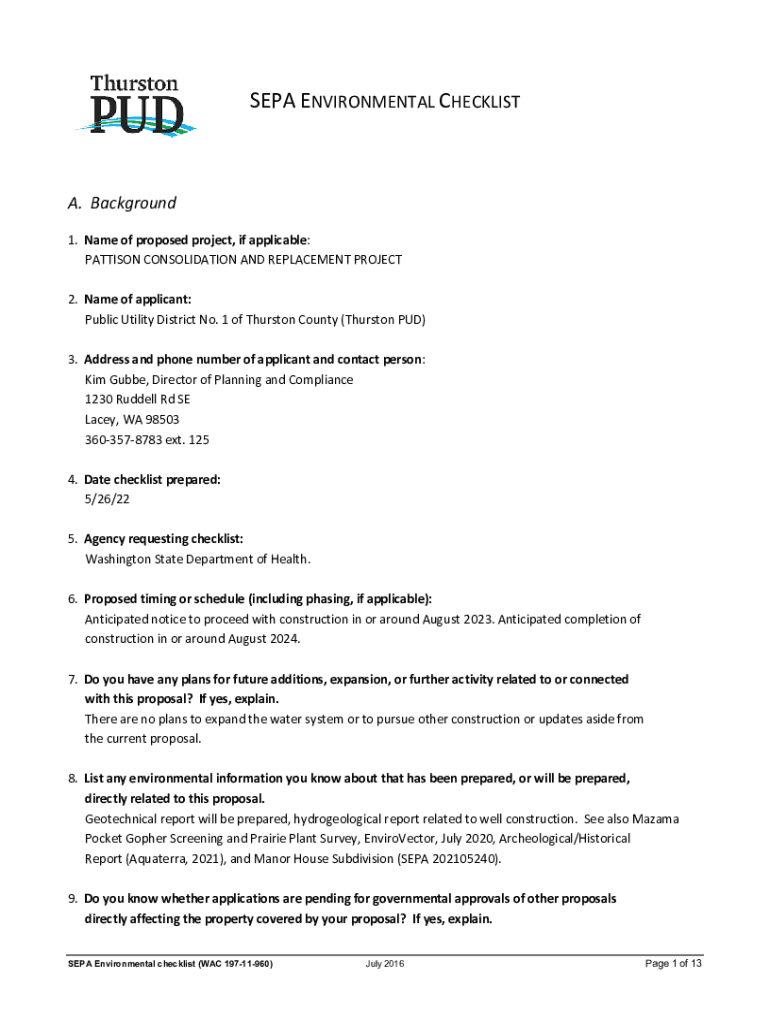 Fillable Online ENVIRONMENTAL CHECKLIST COVER SHEET (SEPA) Fax Email ...