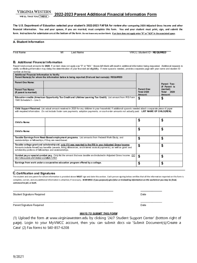 Fillable Online 2022-2023 Parent Additional Financial Information Form for Tax Year 2020 Fax ...