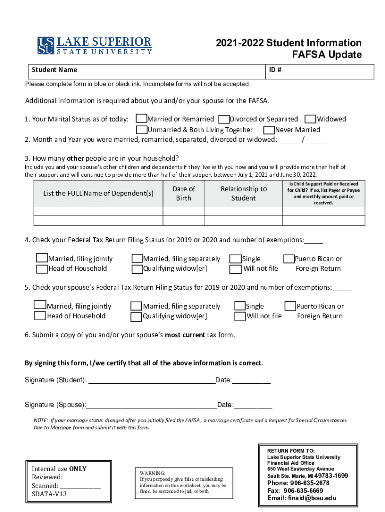 Fillable Online 2021-2022 Student Information FAFSA Update - Lake ...