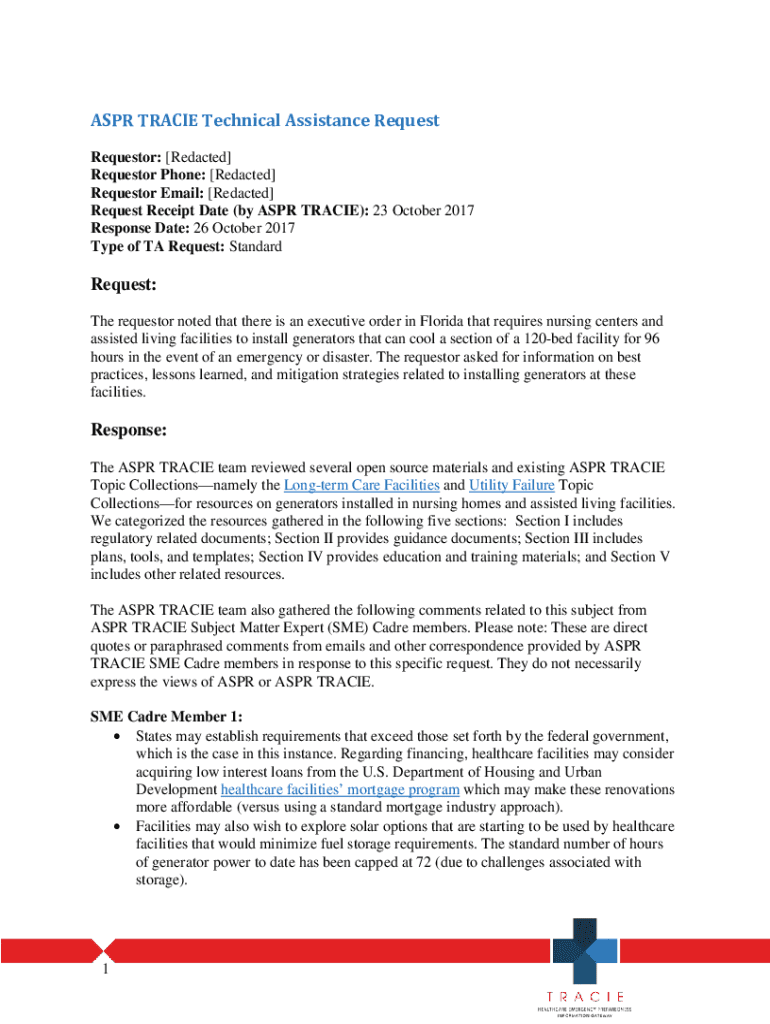 Fillable Online ASPR TRACIE TA Request: Generators for Nursing and ...