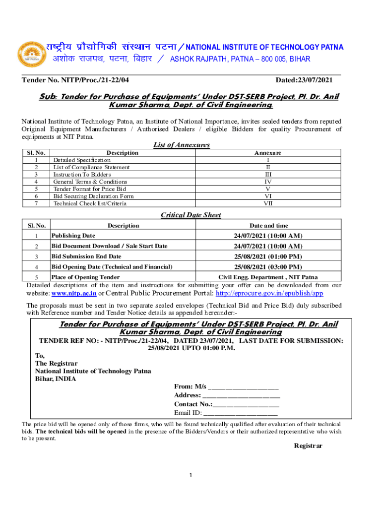Fillable Online Bids Providing Hostel Mess in the Campus Of ... - NIT ...