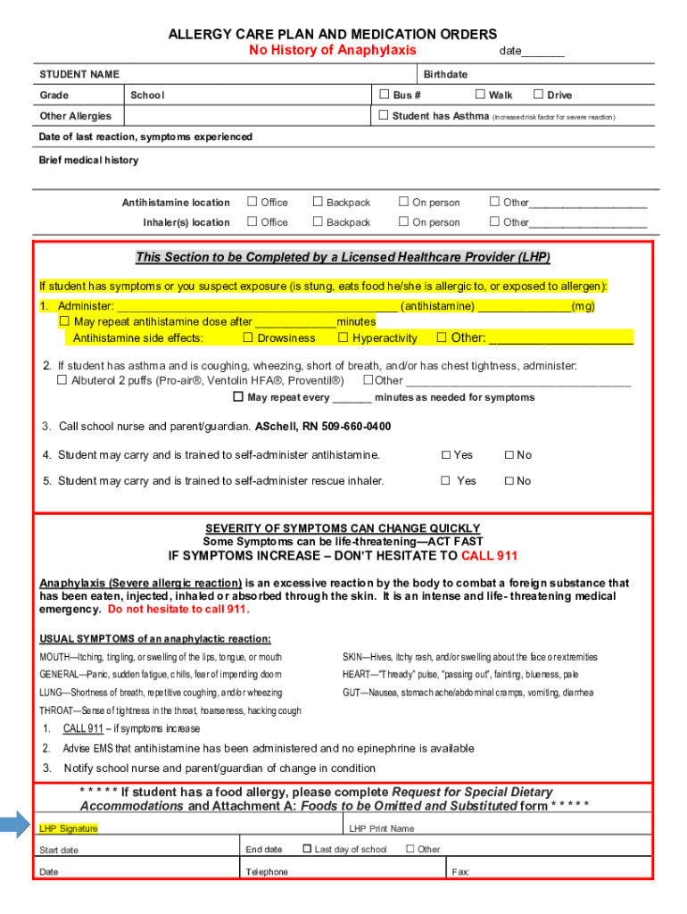 Fillable Online ALLERGY CARE PLAN AND MEDICATION ORDERS Fax Email Print ...