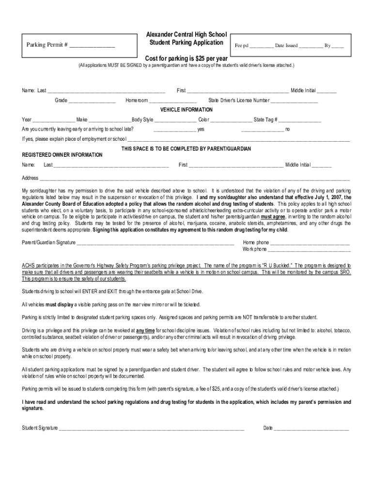 Fillable Online Alexander Central High School Student Parking Application Fax Email Print ...