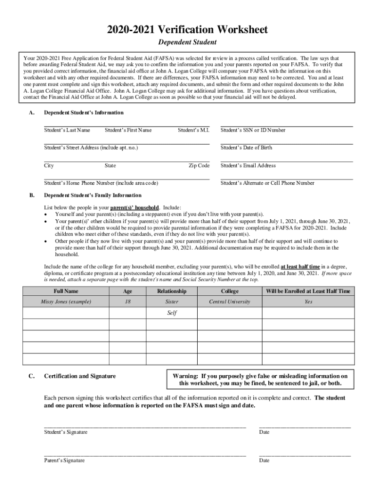 Fillable Online 2020-2021 Verification Worksheet - JALC Fax Email Print - pdfFiller