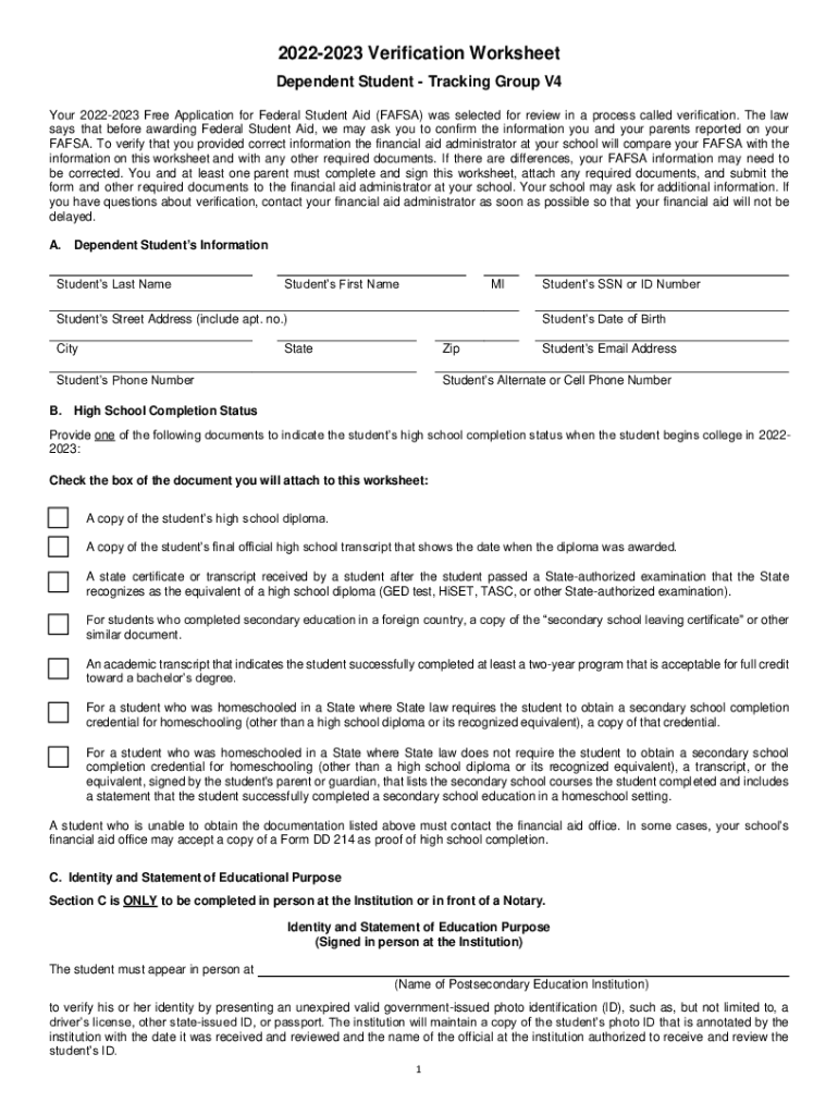 Fillable Online 2022-2023 Verification Worksheet Dependent Student - Tracking Group V4 Fax Email ...