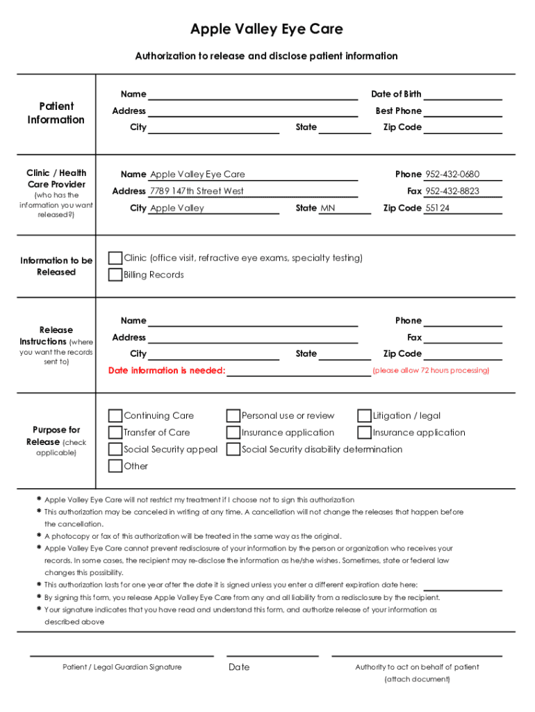 Fillable Online Records Release FormApple Valley Eye Doctors Fax Email ...