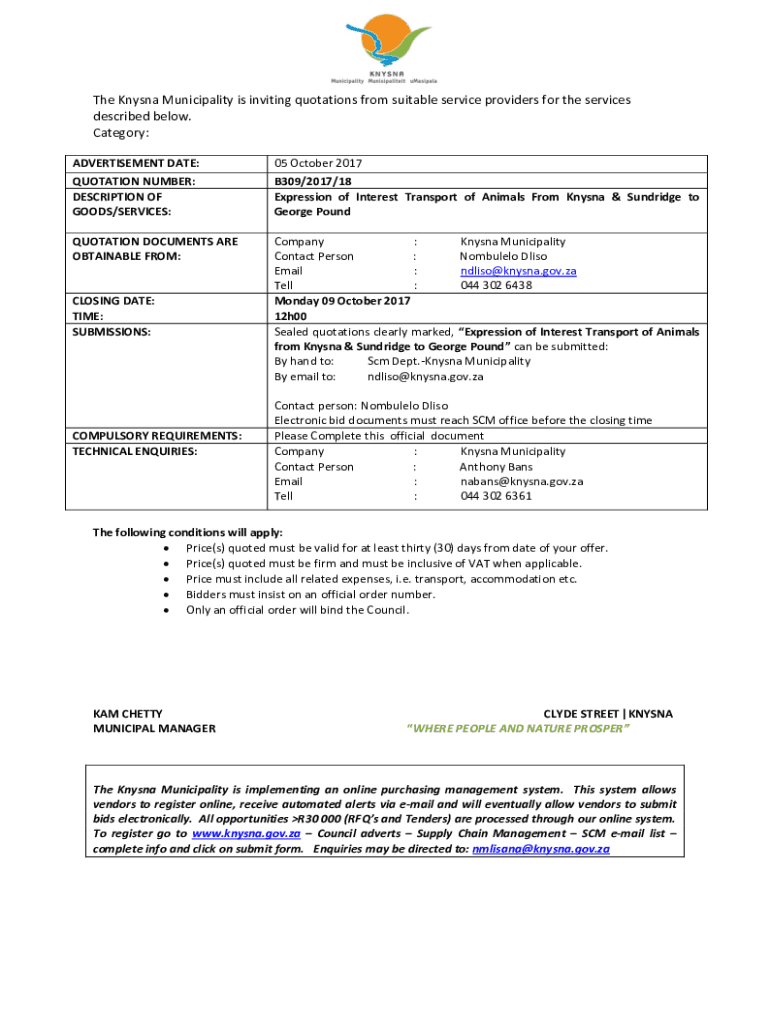 Fillable Online Expression of Interest Transport of Animals From Knysna ...
