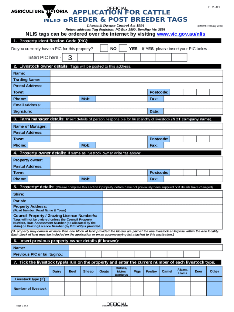 F02-0001 - APPLICATION FOR CATTLE NLIS BREEDER AND POST BREEDER TAGS ...