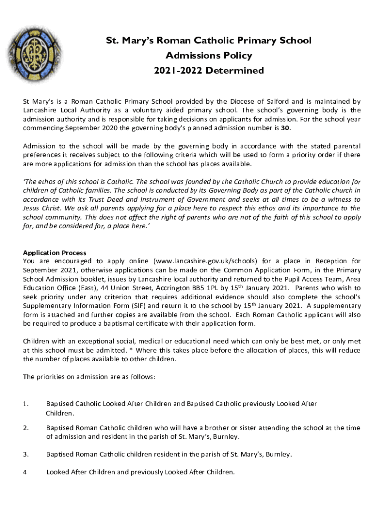 Fillable Online St Mary's Catholic Primary School, Chipping ADMISSION ... Fax Email Print ...