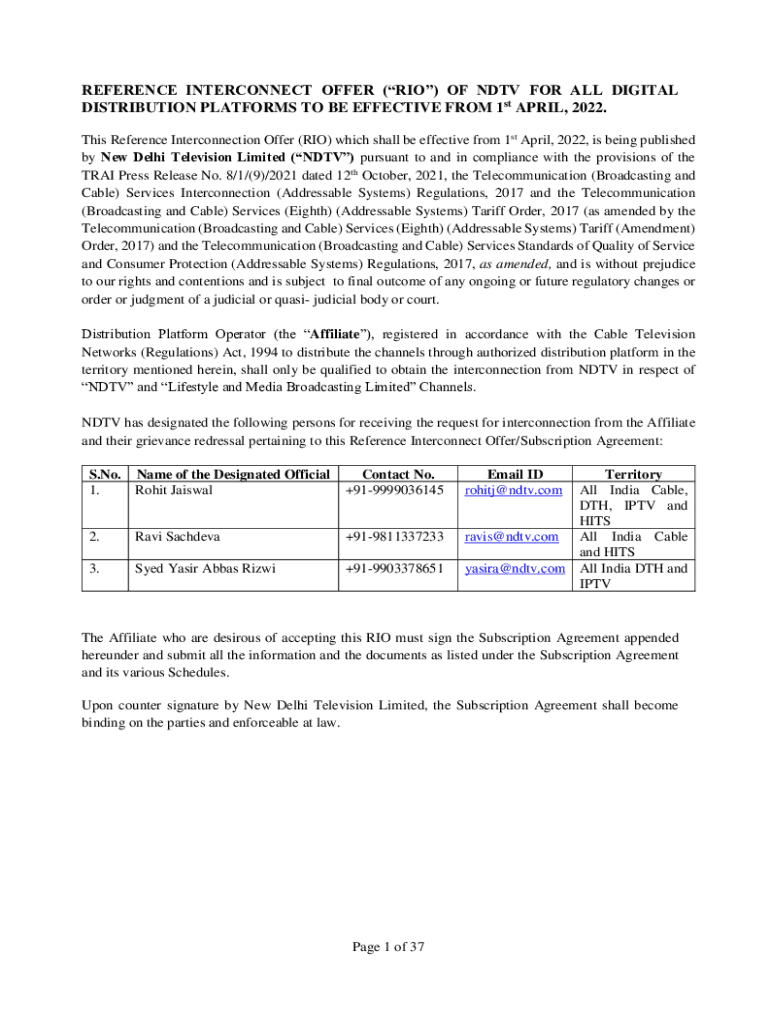 Fillable Online reference interconnect offer (rio) of ndtv ltd. for all digital Fax Email Print ...