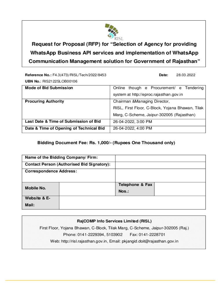 Fillable Online risl rajasthan gov Request for Proposal (RFP) for ...