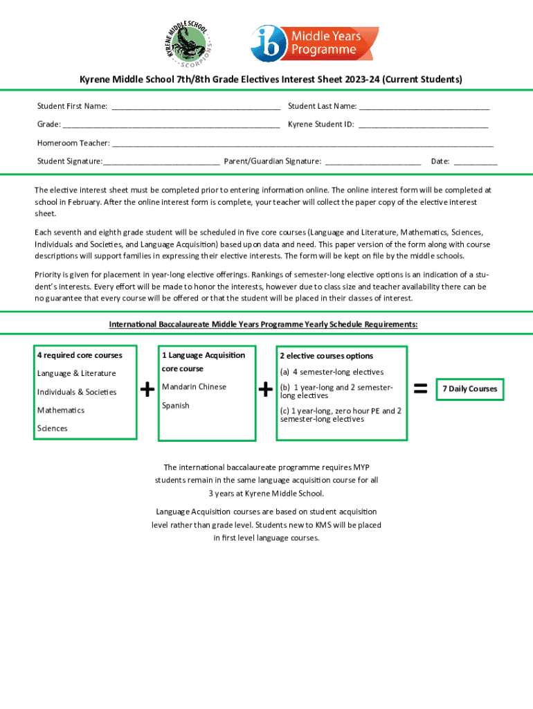 Fillable Online KMS grade 7 and 8 current student elective interest ...