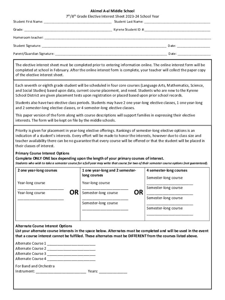 Fillable Online KMS grade 7 and 8 new student elective interest sheet ...