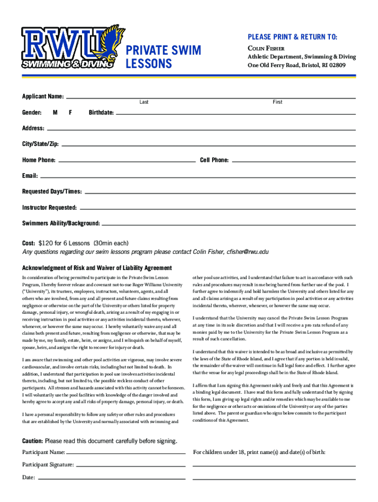 Fillable Online PRIVATE SWIM LESSON REQUEST FORM - GC CARC Fax Email ...