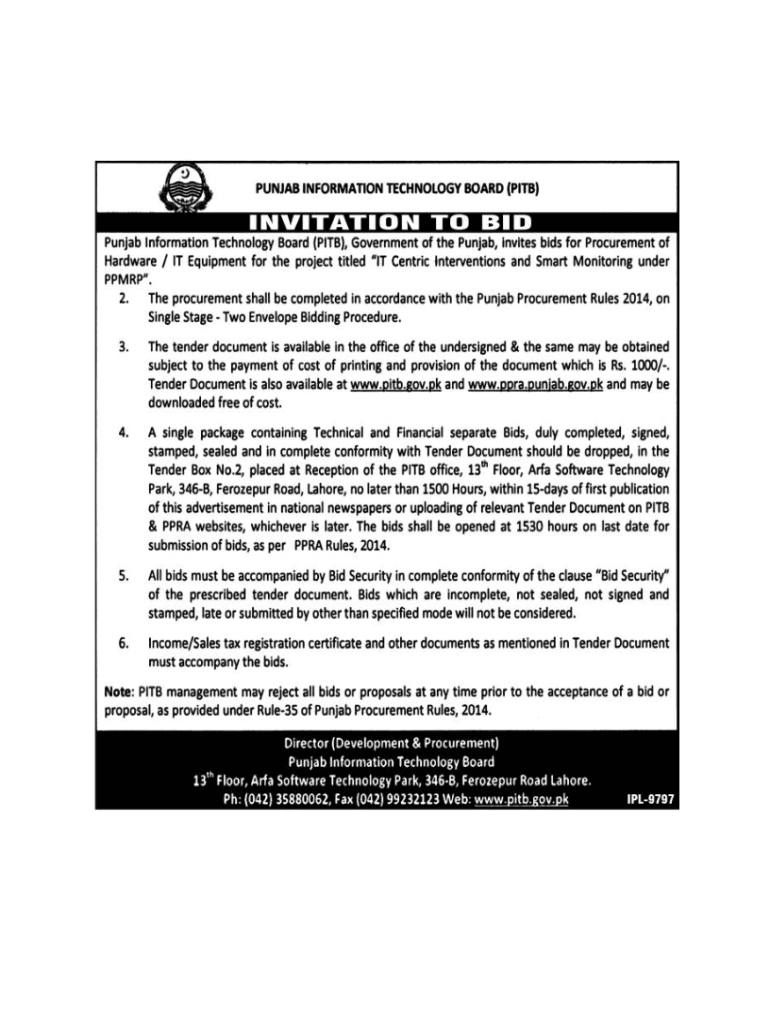 Fillable Online pitb gov Special Tender Specifications for the supply ...