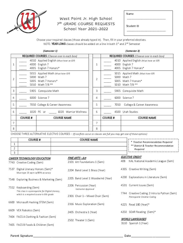 Fillable Online West Point Jr. High School 7th GRADE COURSE REQUESTS ...