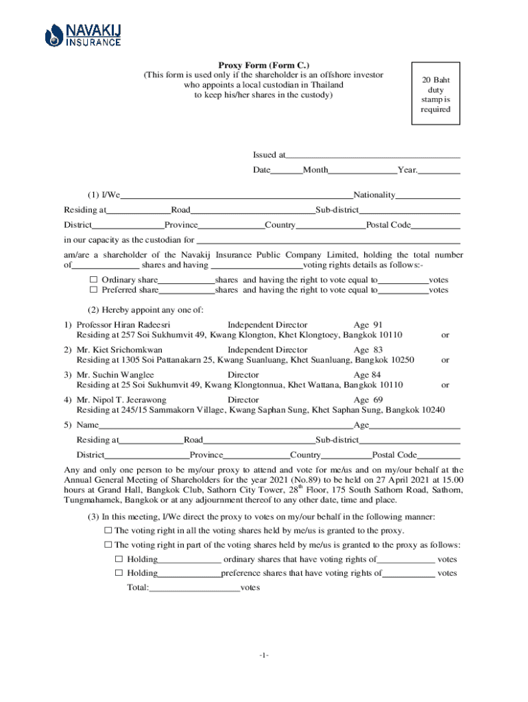Fillable Online Proxy Form C Enclosure 6 (Duty Stamp 20 Baht) (4) I/We ...