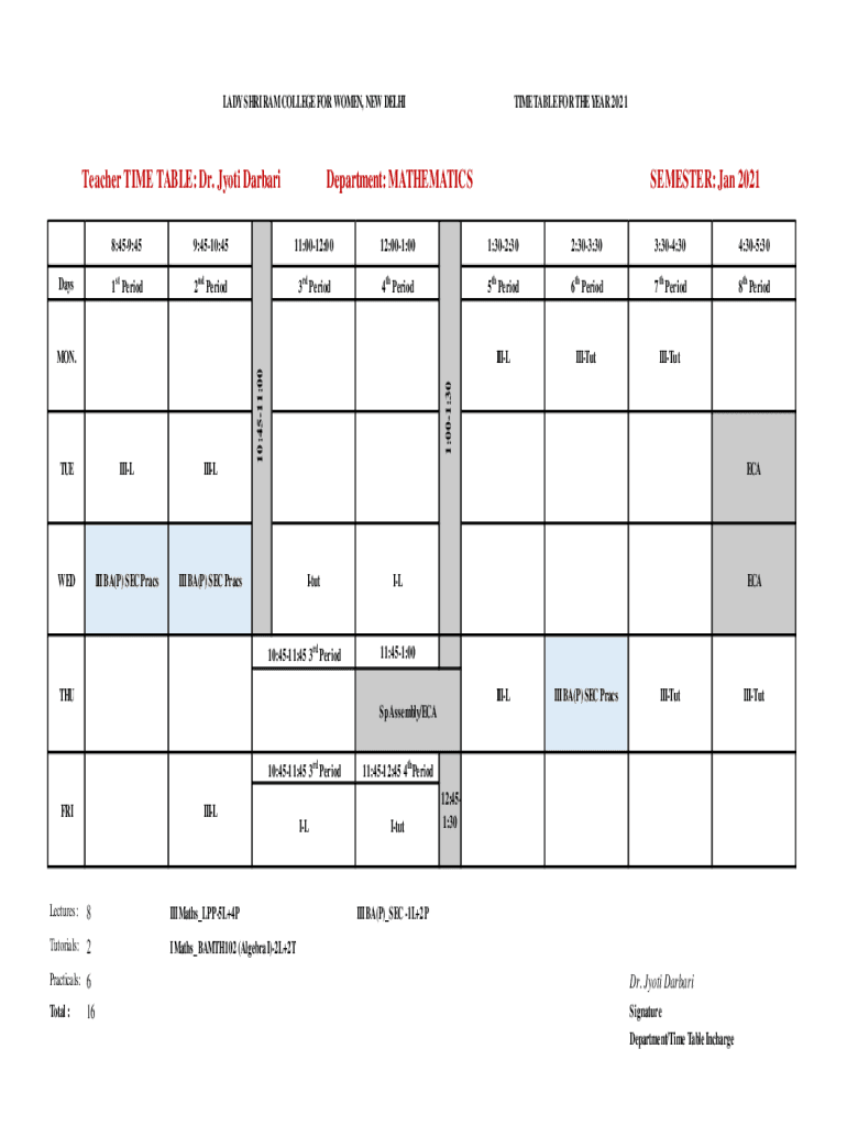 Fillable Online lsr edu Teacher TIME TABLE: Dr. Jyoti Darbari ...