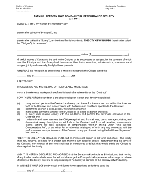Fillable Online FORM H1: PERFORMANCE BOND - City of Winnipeg Fax Email ...