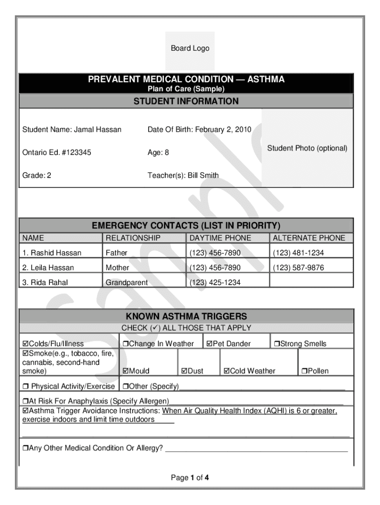 Fillable Online safety ophea School Health Care Plans for Asthma and ...