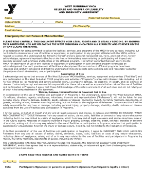 Fillable Online YMCA Release and Waiver of Liability and Indemnity ... Fax Email Print - pdfFiller