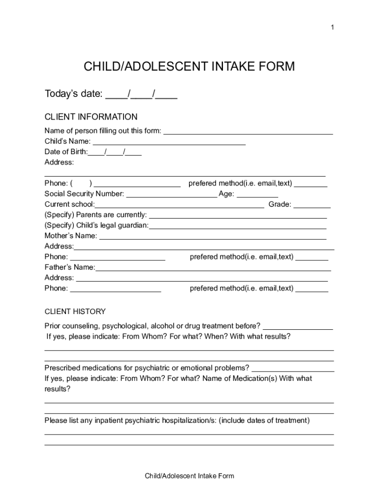 Fillable Online Child and Adolescent Intake Forms - redman counseling ...