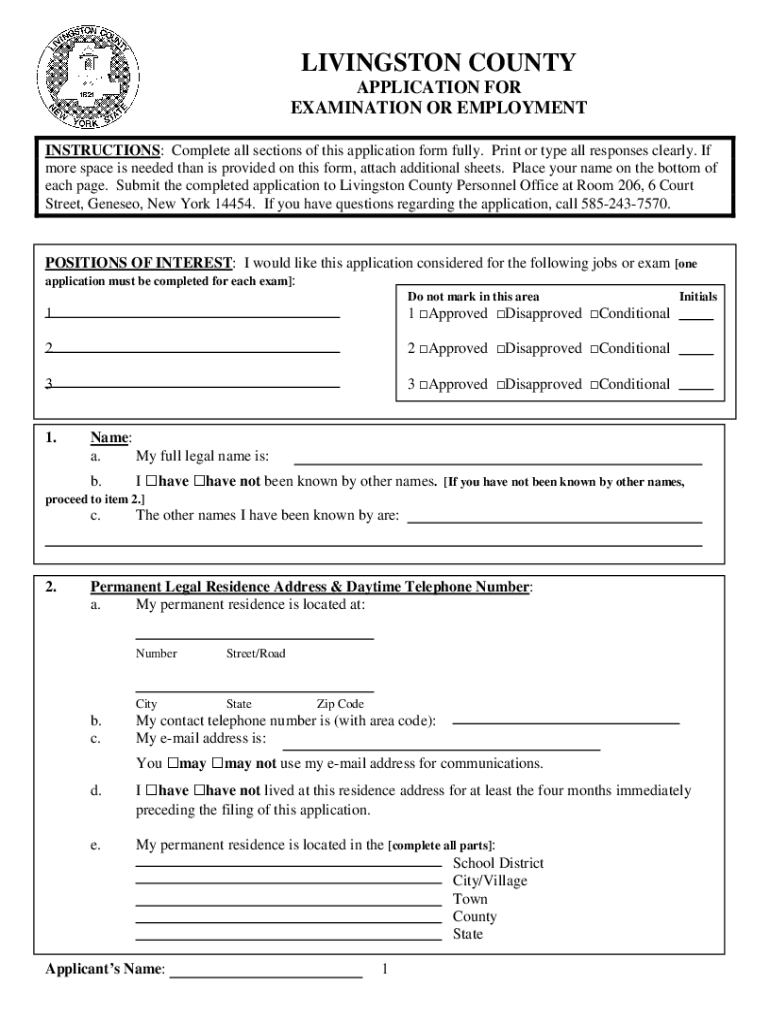 Fillable Online livingston county application for examination or employment Fax Email Print ...