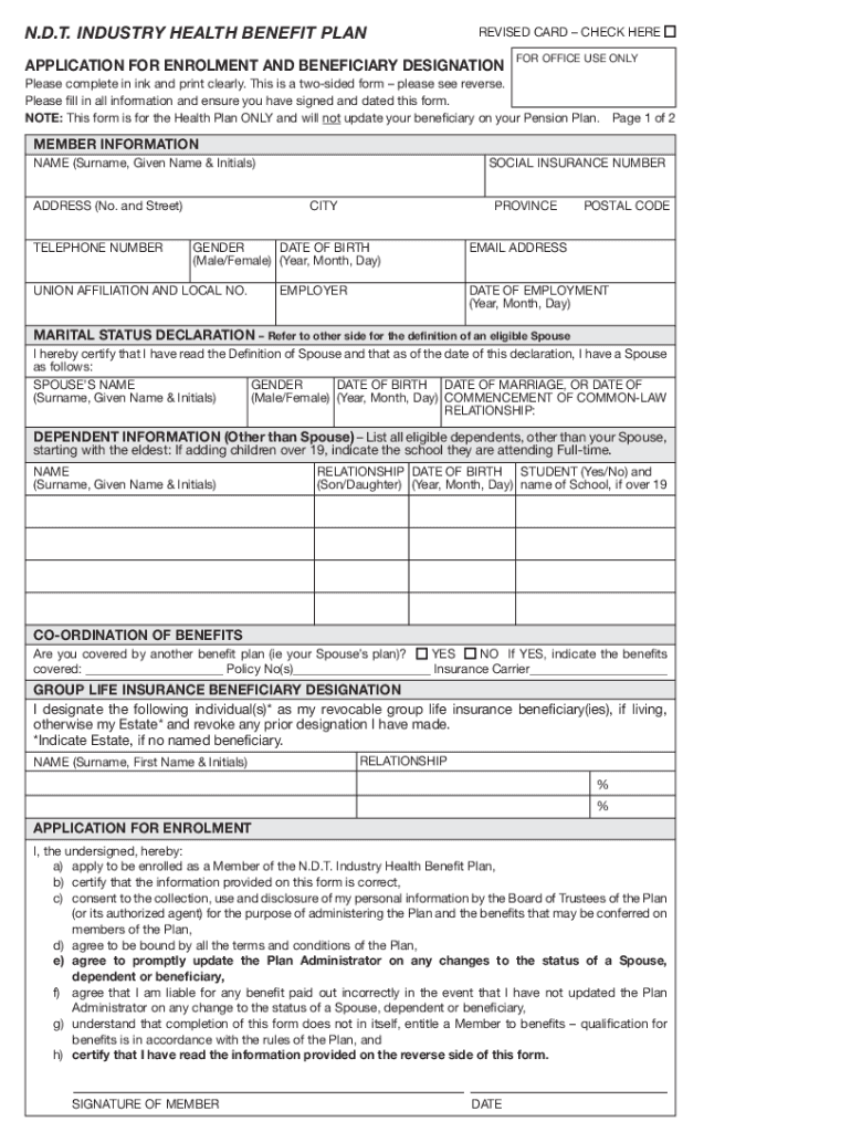 Fillable Online NDT Pension Plan Application for Enrollment and ...
