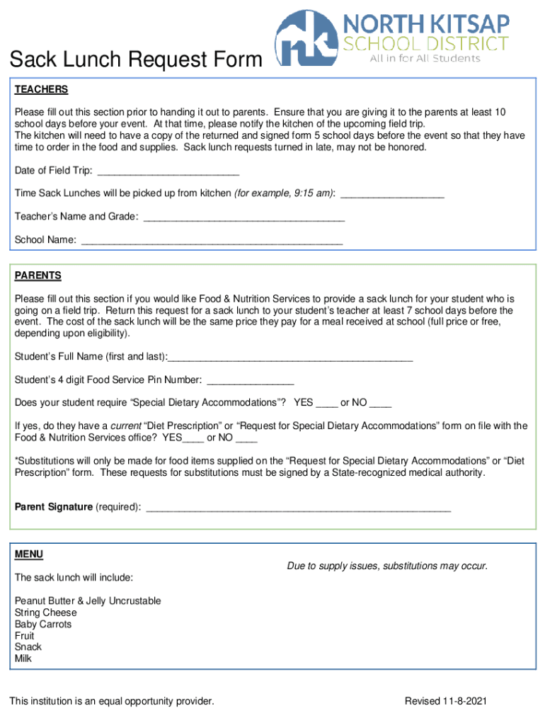 Fillable Online Sack Lunch Request Form - SharpSchool Fax Email Print ...
