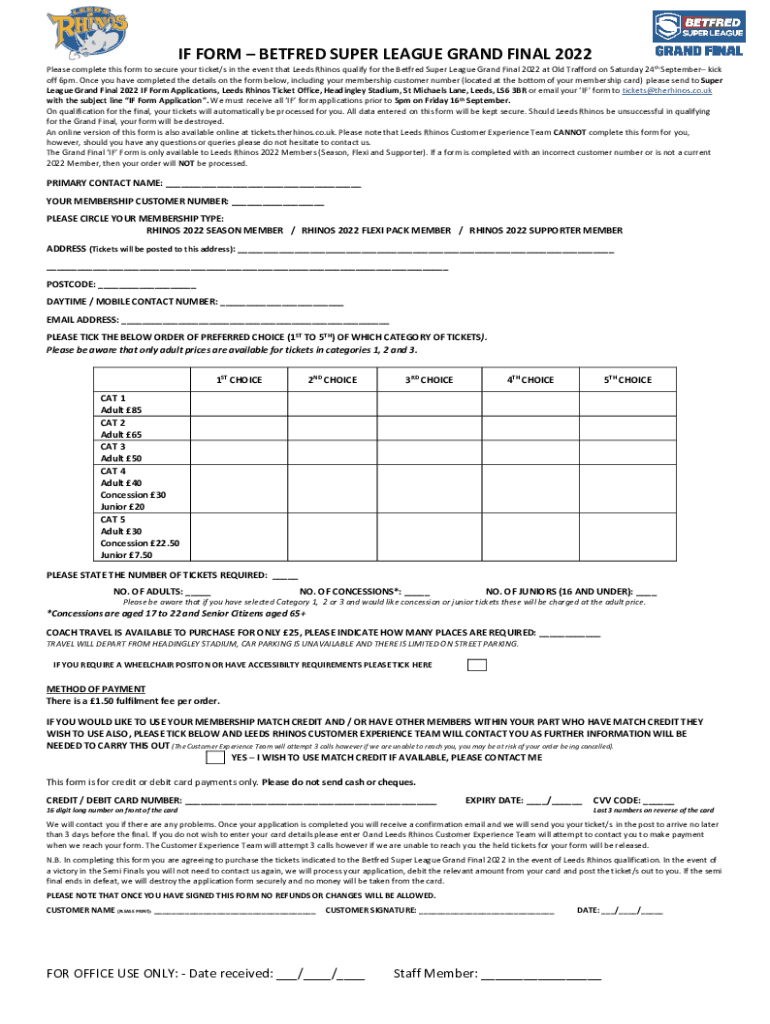 Fillable Online Tickets and travel for Betfred Super League Grand Final ...