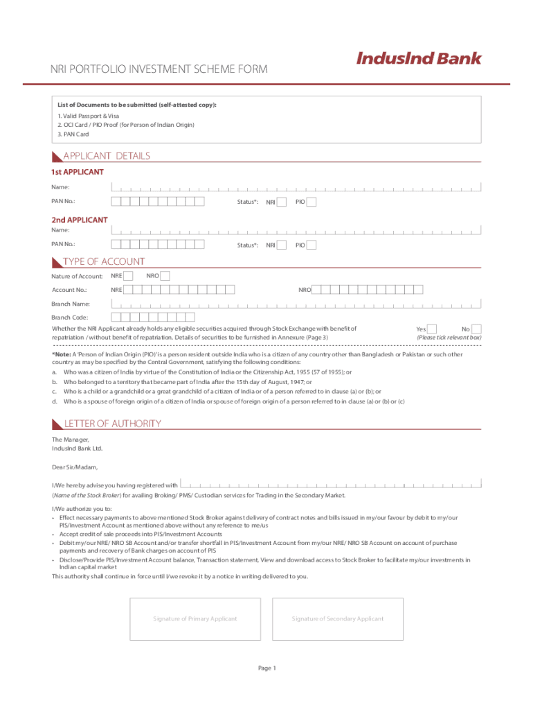 Fillable Online pis account opening & relationship form - IDBI Bank Fax ...