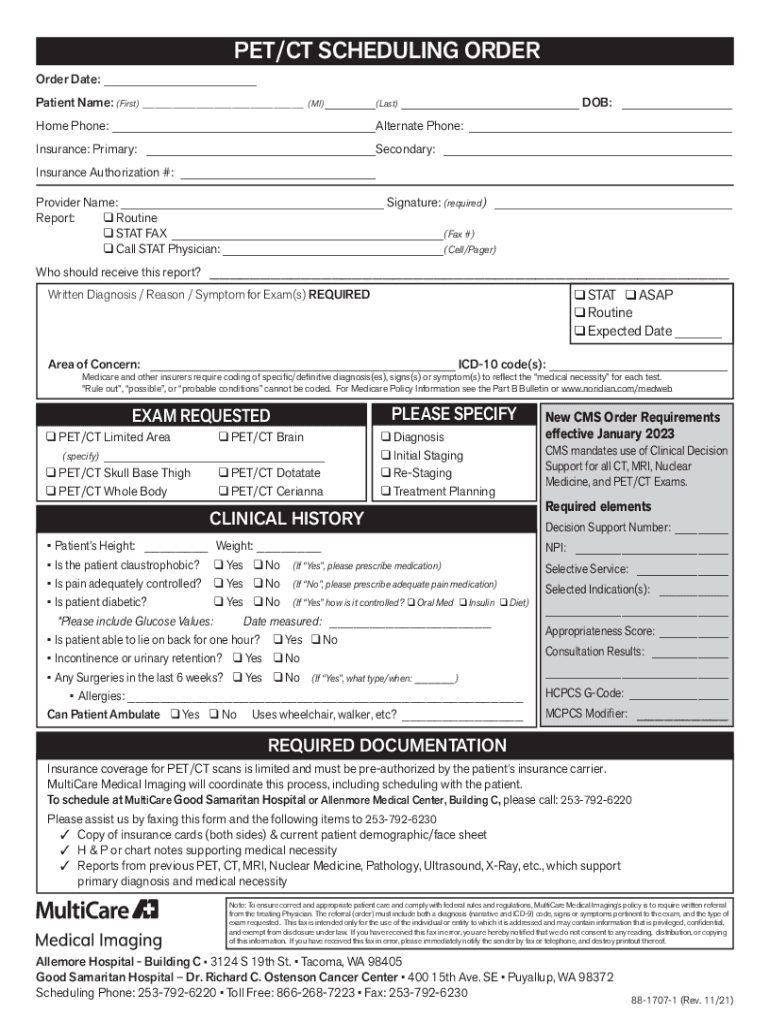Fillable Online PET/CT SCHEDULING ORDERMultiCare Fax Email Print ...