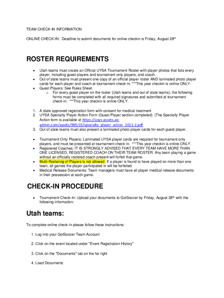 Fillable Online ROSTER REQUIREMENTS CHECK-IN PROCEDURE Utah teams: Fax ...