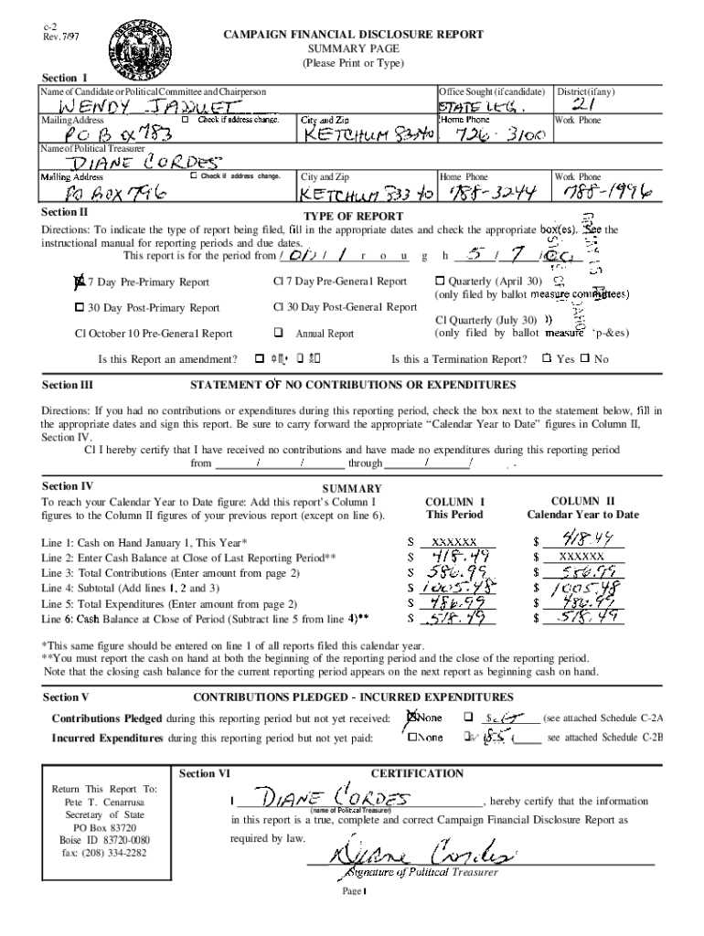 Fillable Online sos idaho CAMPAIGN FINANCIAL DISCL ANCIAL DISCL ...