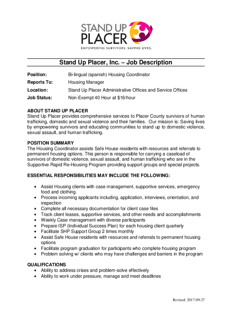 Fillable Online Job Posting for Housing Case Manager at Stand Up Placer ...