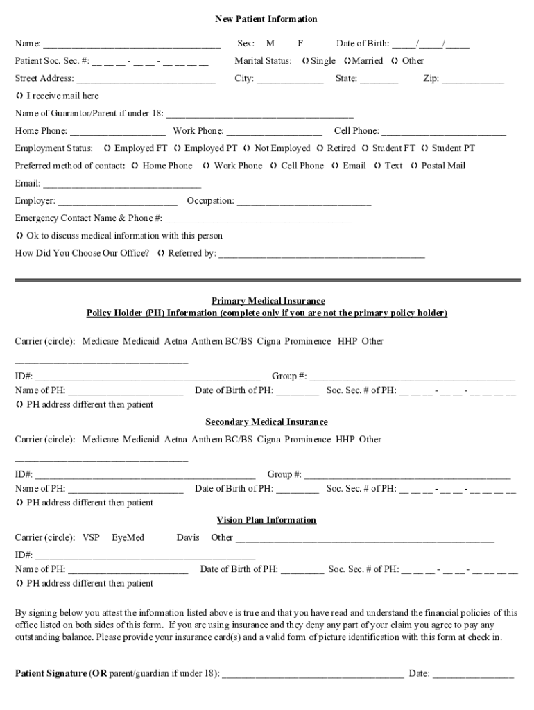 Fillable Online new patient intake Packet (PDF) - Visionary Eye Center Fax Email Print - pdfFiller