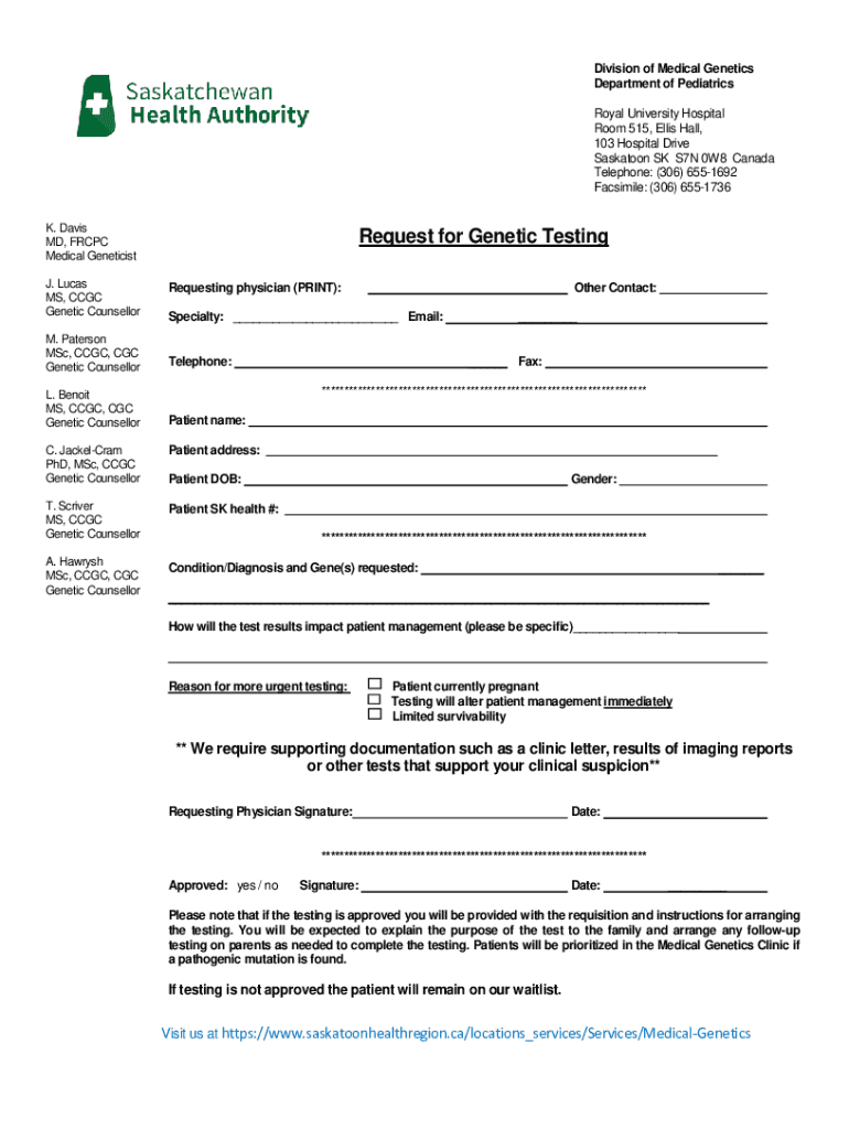 Fillable Online Division of Medical Genetics Referral Form Fax Email ...