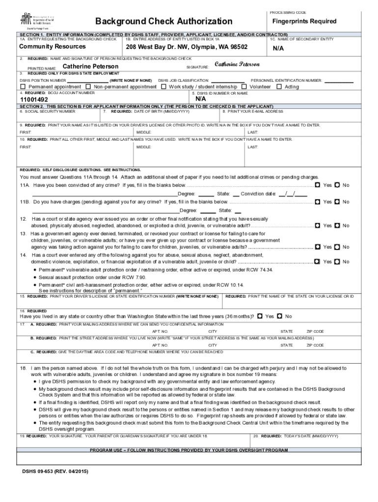 Fillable Online Background Check Authorization - WA.gov Fax Email Print ...