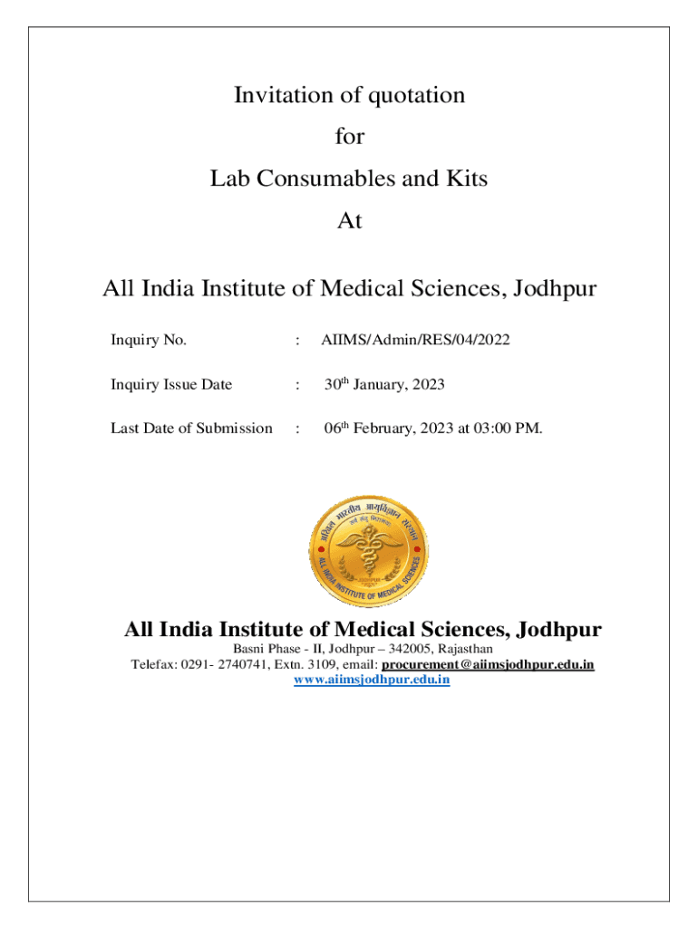 Fillable Online Invitation of quotation for Lab Consumables and kits At ...