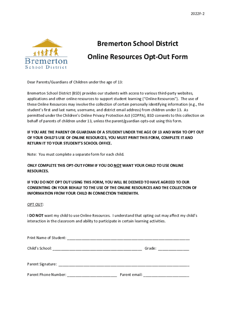 Fillable Online Bremerton School District Online Resources Opt-Out Form ...