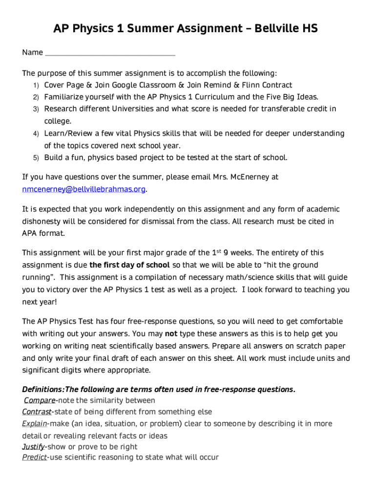 Fillable Online Summer Assignment Welcome to AP Physics 1! I am very g Fax Email Print - pdfFiller