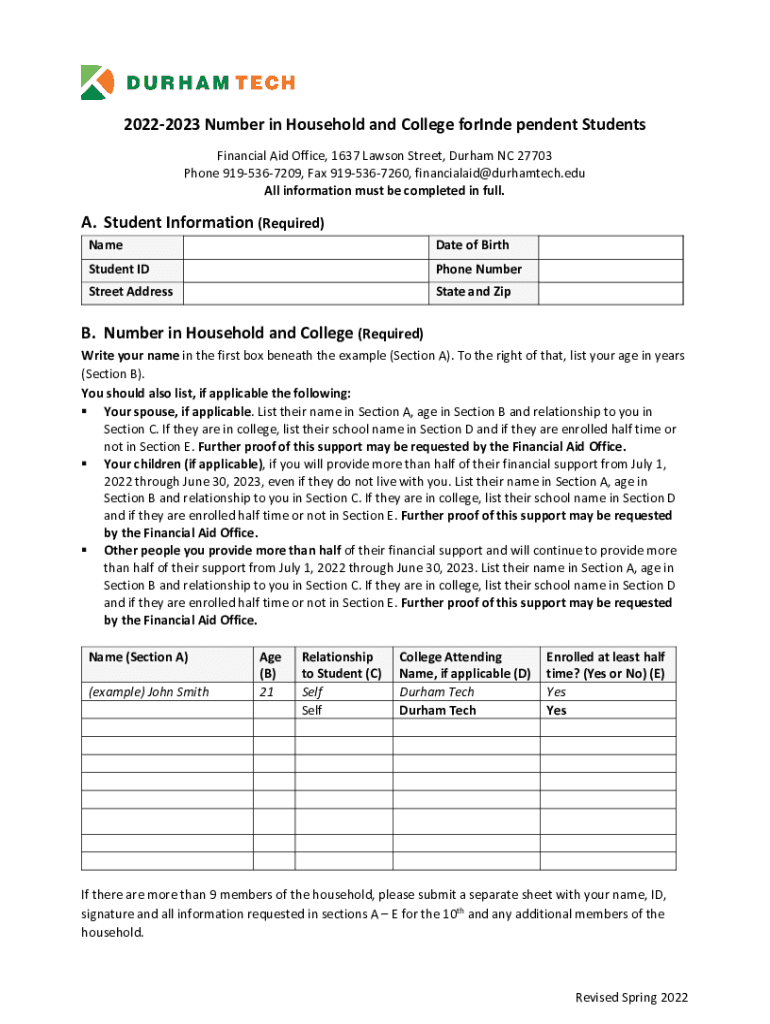 Fillable Online 2022-2023 Number in Household and College for Independent Students Fax Email ...