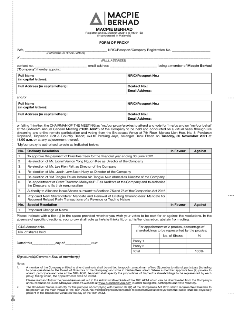 Fillable Online Form of Proxy - Bina Darulaman Berhad Fax Email Print ...