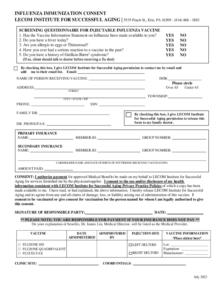 Fillable Online Influenza Vaccination Consent Form and Record Fax Email ...