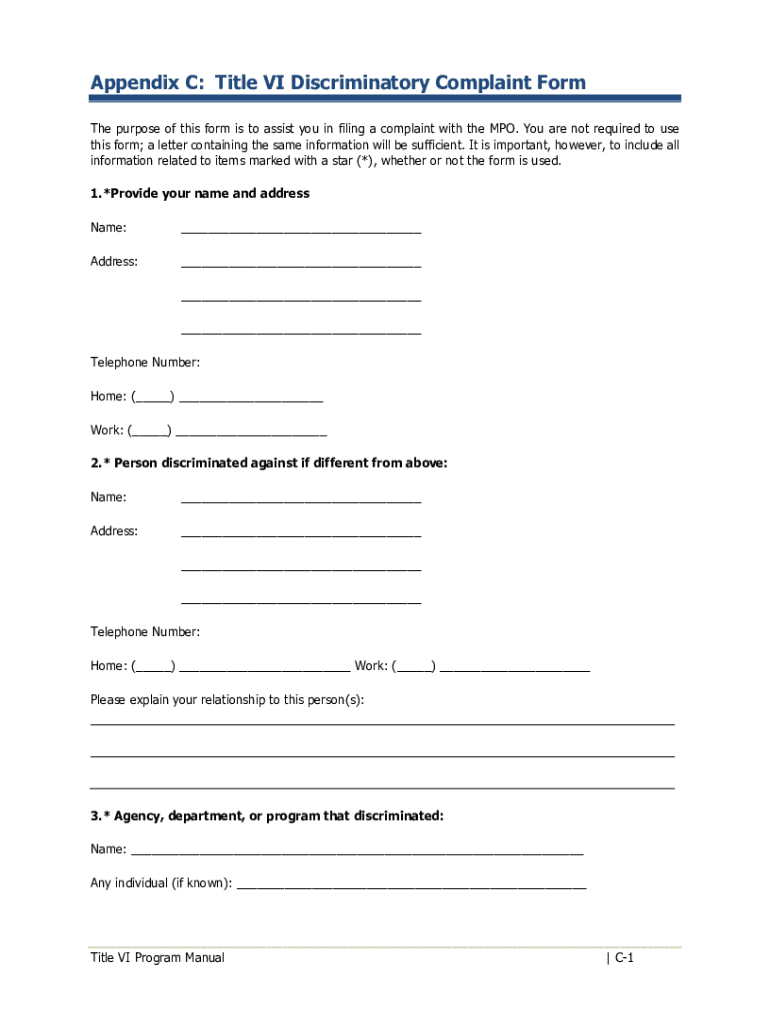 Fillable Online Appendix DTitle VI Complaint Form - Greater Madison MPO ...