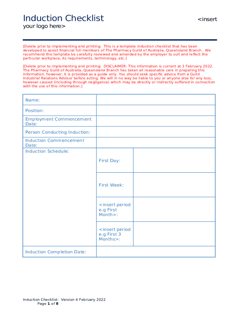 TemplateInduction checklist Doc Template | pdfFiller